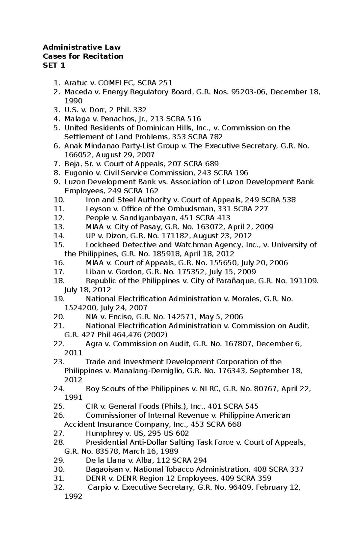 Administrative Law Cases Recitation Set 1 - Studocu
