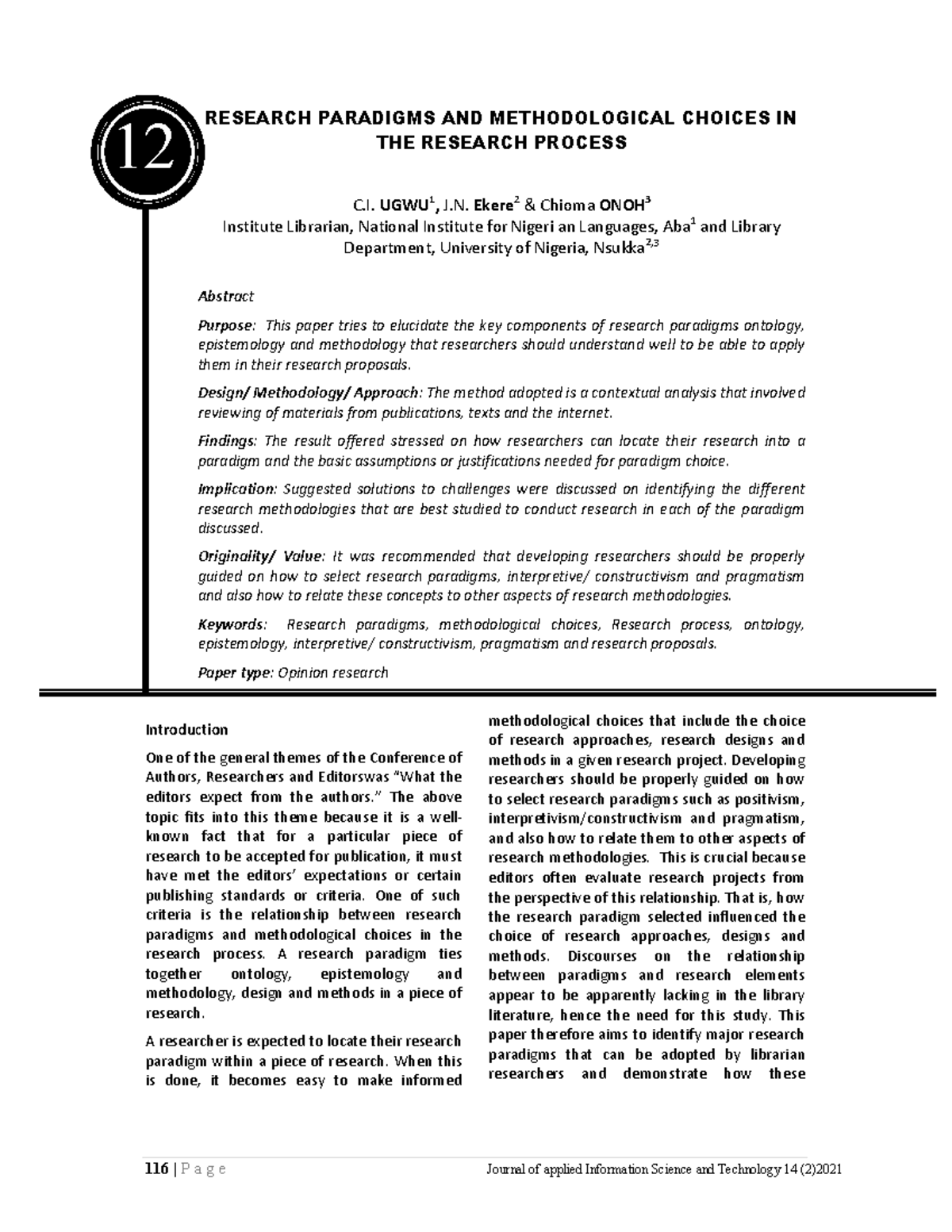 Research Paradigms & Methodological Choices: An Overview (C.I. UGWU ...