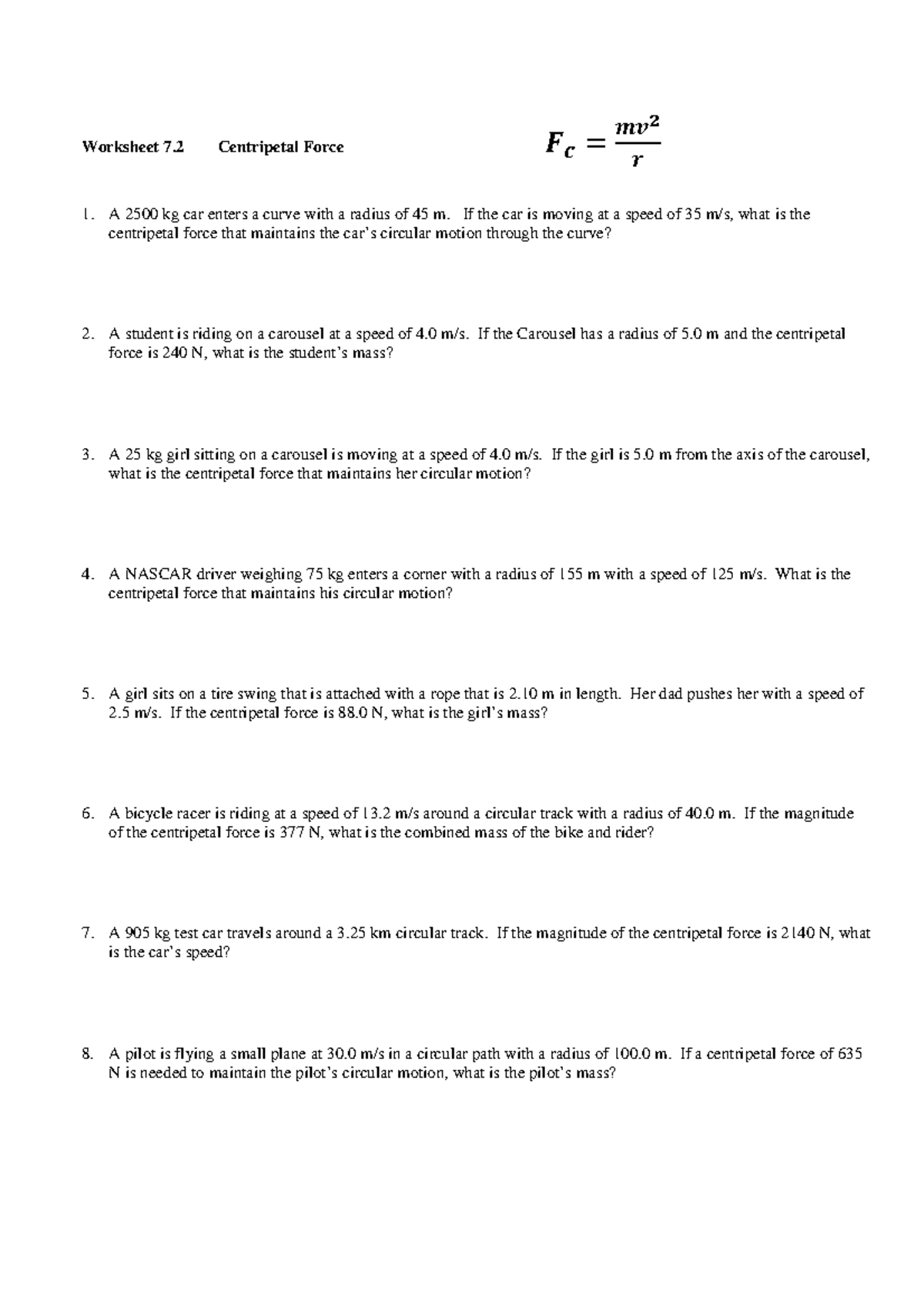 Centripetal Forces Worksheet 2 Kami Export Centripetal Force