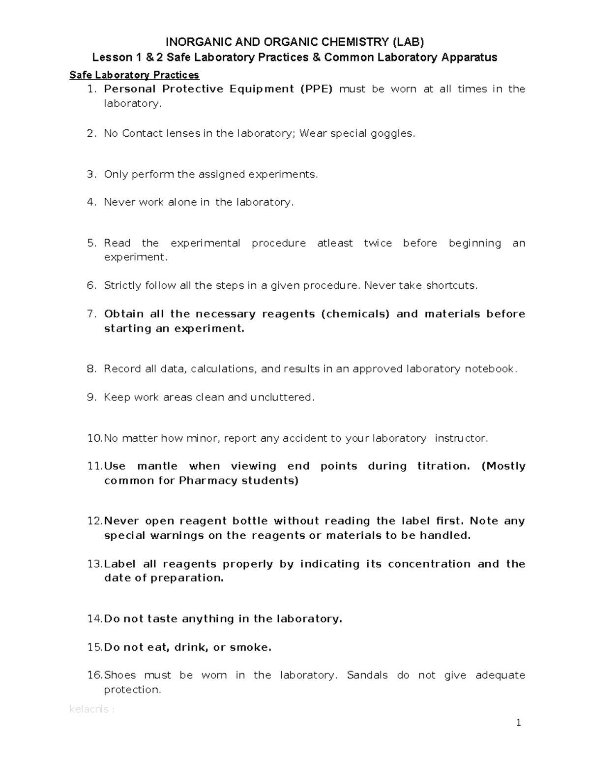 I O Chem Lab Lesson 1 2 Safe Laboratory Practices Common Laboratory ...