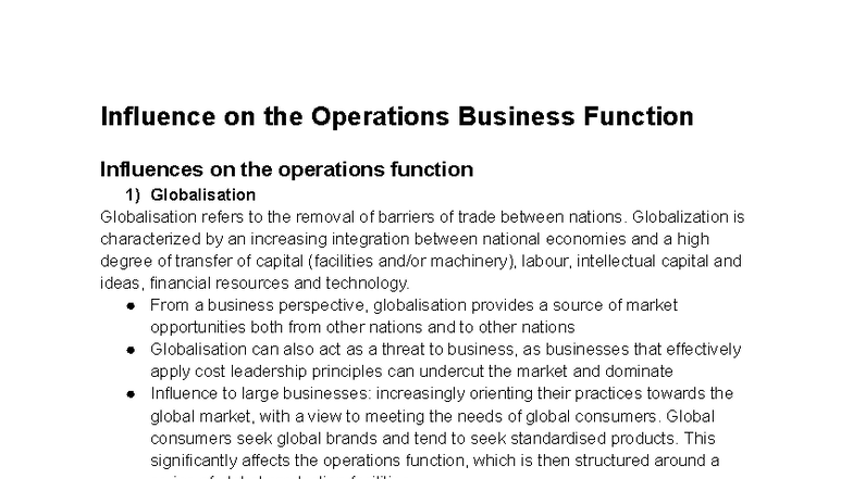 Influences on Operations Function in Business (BUS 101) - Studocu