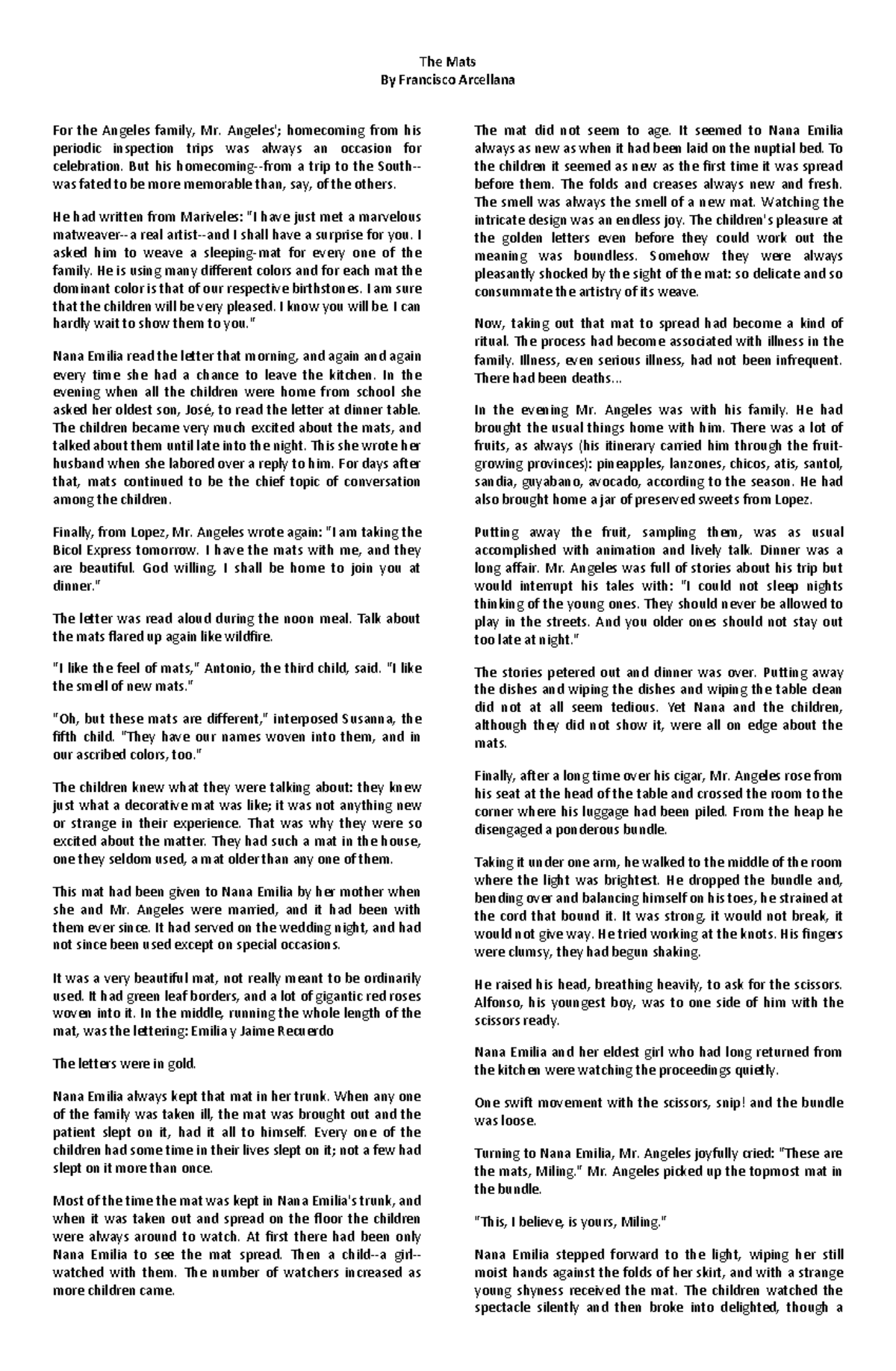 THE-MATS - ..ksnjd kwpane - The Mats By Francisco Arcellana For the ...