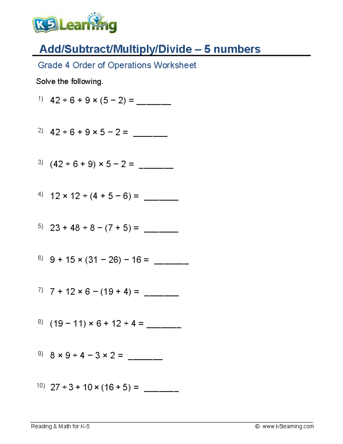 Grade 4 Math: Order of Operations Worksheet (5 Numbers) - Studocu