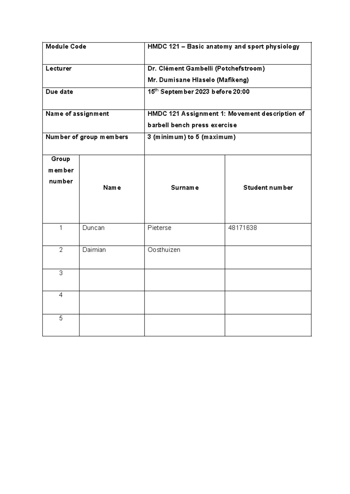 HMDC 121 Assignment 1: Barbell Bench Press Movement Analysis - Studocu