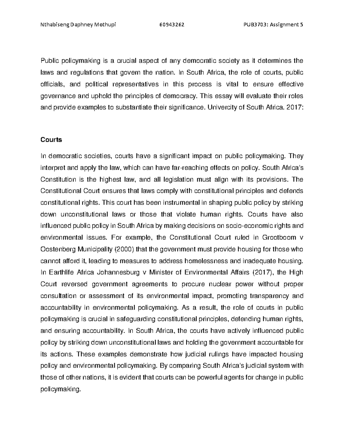 PUB3703 Assignment 5 - The Role of Courts & Public Officials in Policy ...