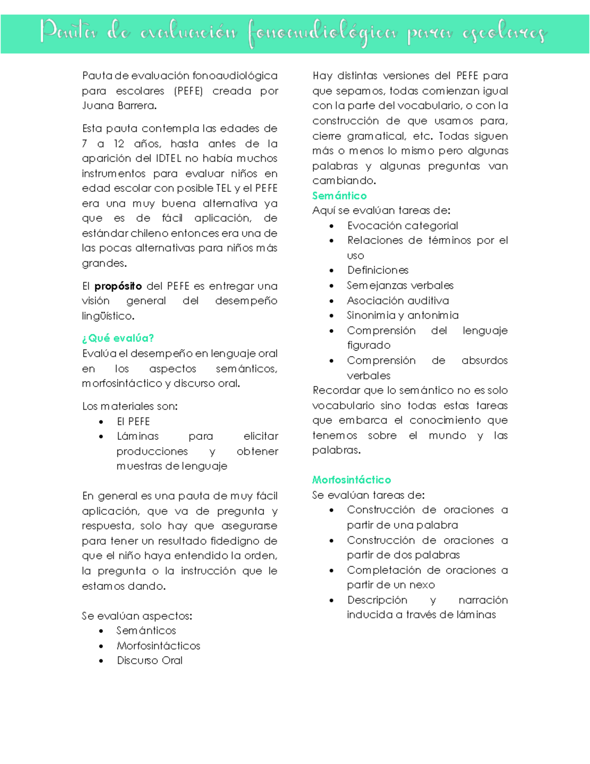 Clase 13 PEFE: Evaluación Fonoaudiológica para Escolares - Studocu