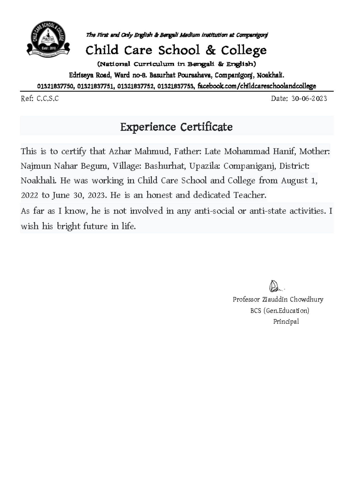 Experience Certificate for Azhar Mahmud at C.C.S.C. - Studocu