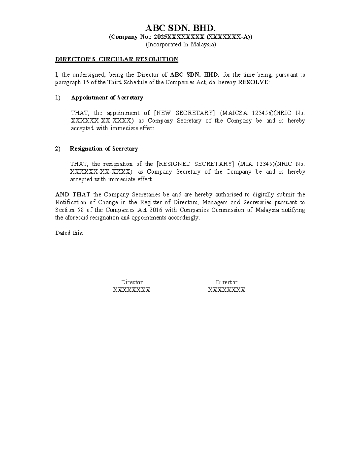 DCR & Letter for Change of Company Secretary - ABC SDN. BHD. - Studocu