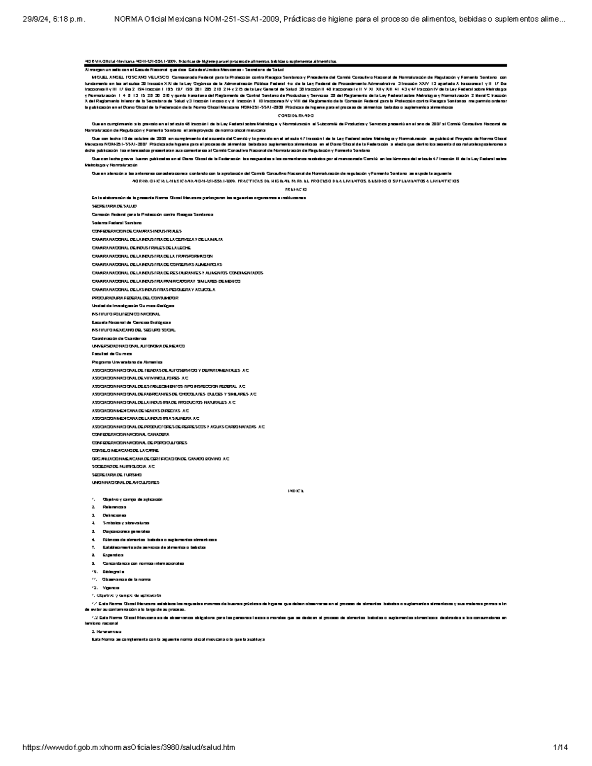 Norma Oficial Mexicana NOM-251-SSA1-2009: Higiene en Alimentos y Bebidas - Studocu