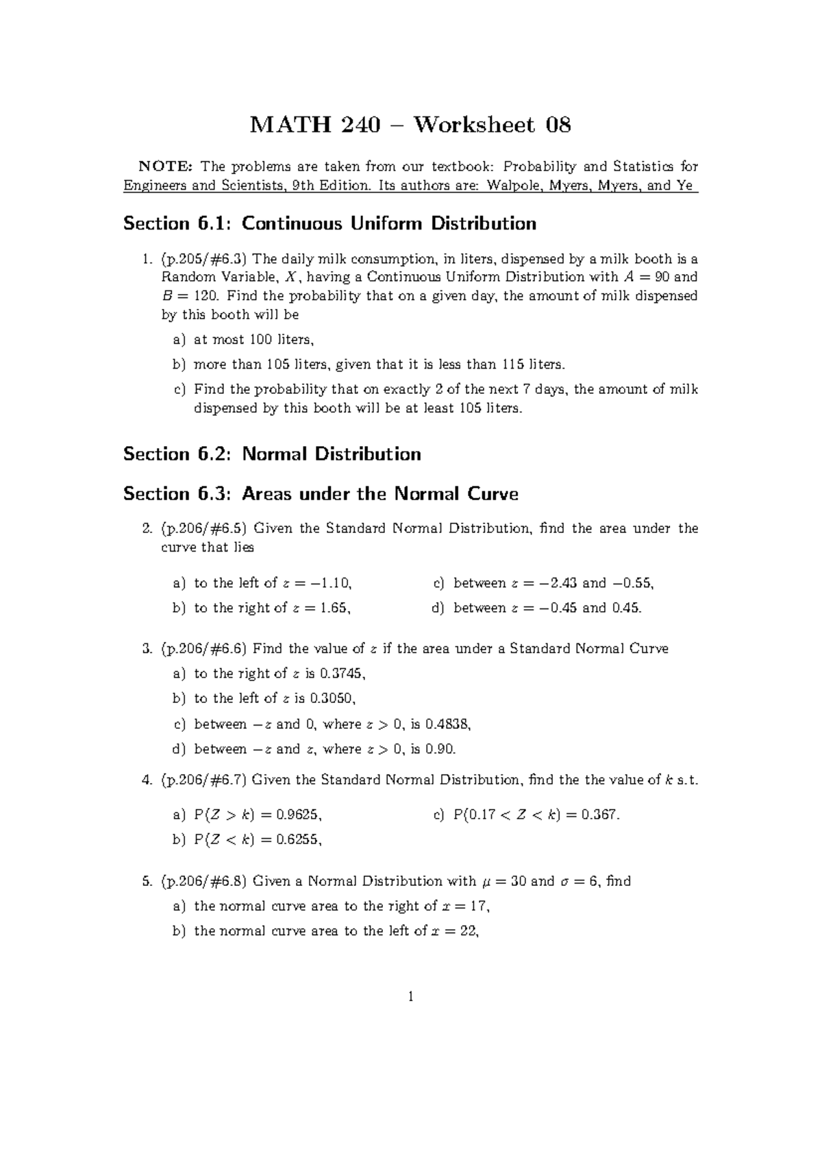 MATH240 Worksheet 08: Continuous Uniform and Normal Distributions - Studocu