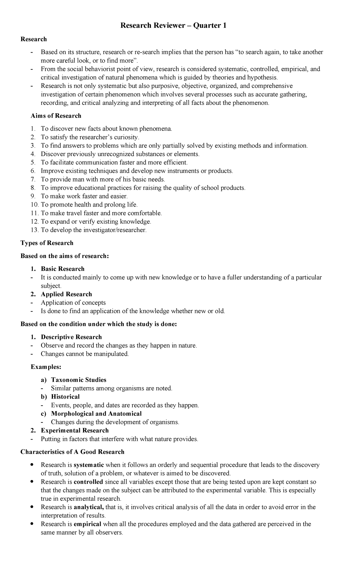 Research Reviewer 8 - Q1: Overview of Research Types and Aims - Studocu