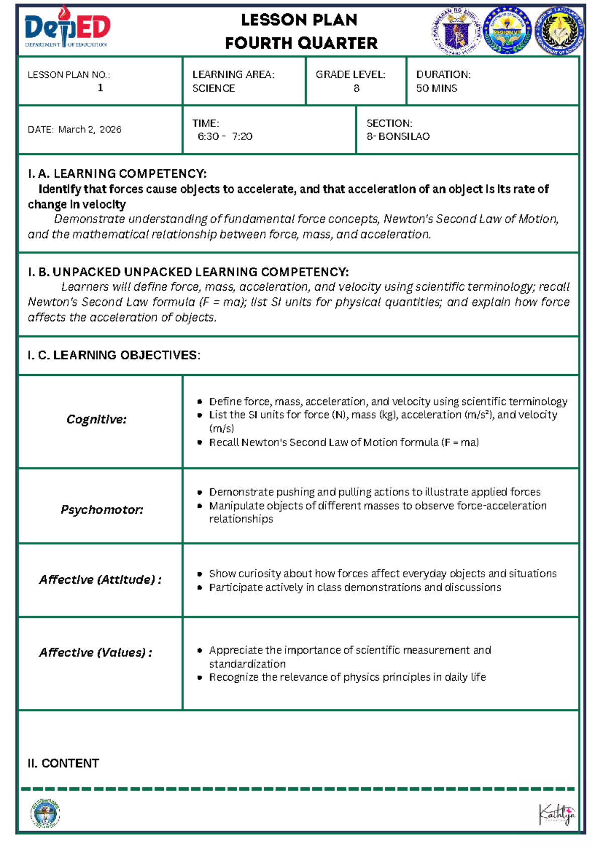 G-8 Science Lesson Plan: Forces, Mass, and Acceleration (Q4) - Studocu