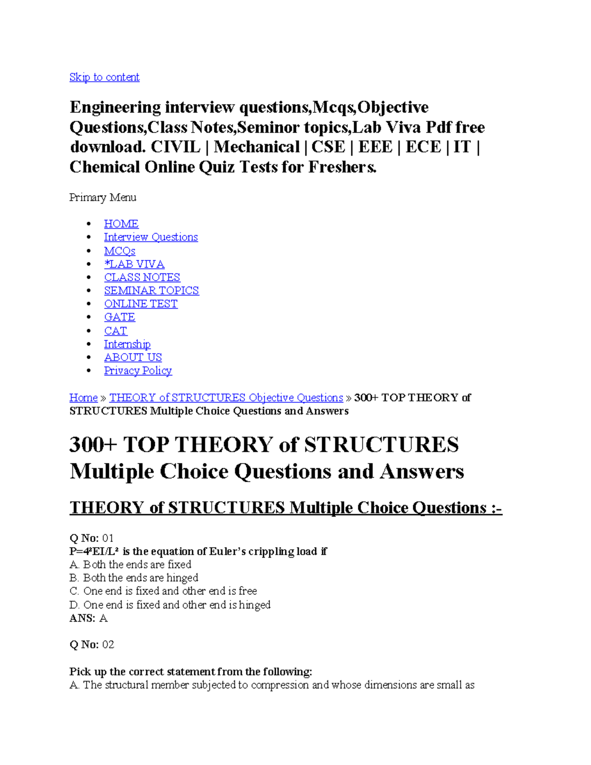 Theory of Structures (CIVIL) - 300+ MCQs with Answers - Studocu