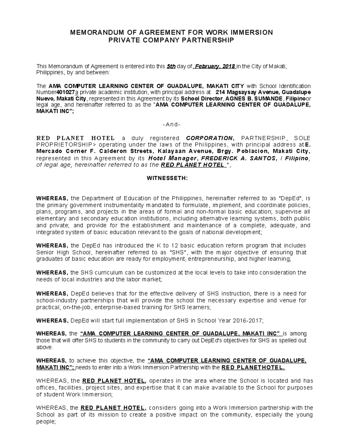 MOA for Work Immersion Partnership: AMA Computer Learning Center & Red ...