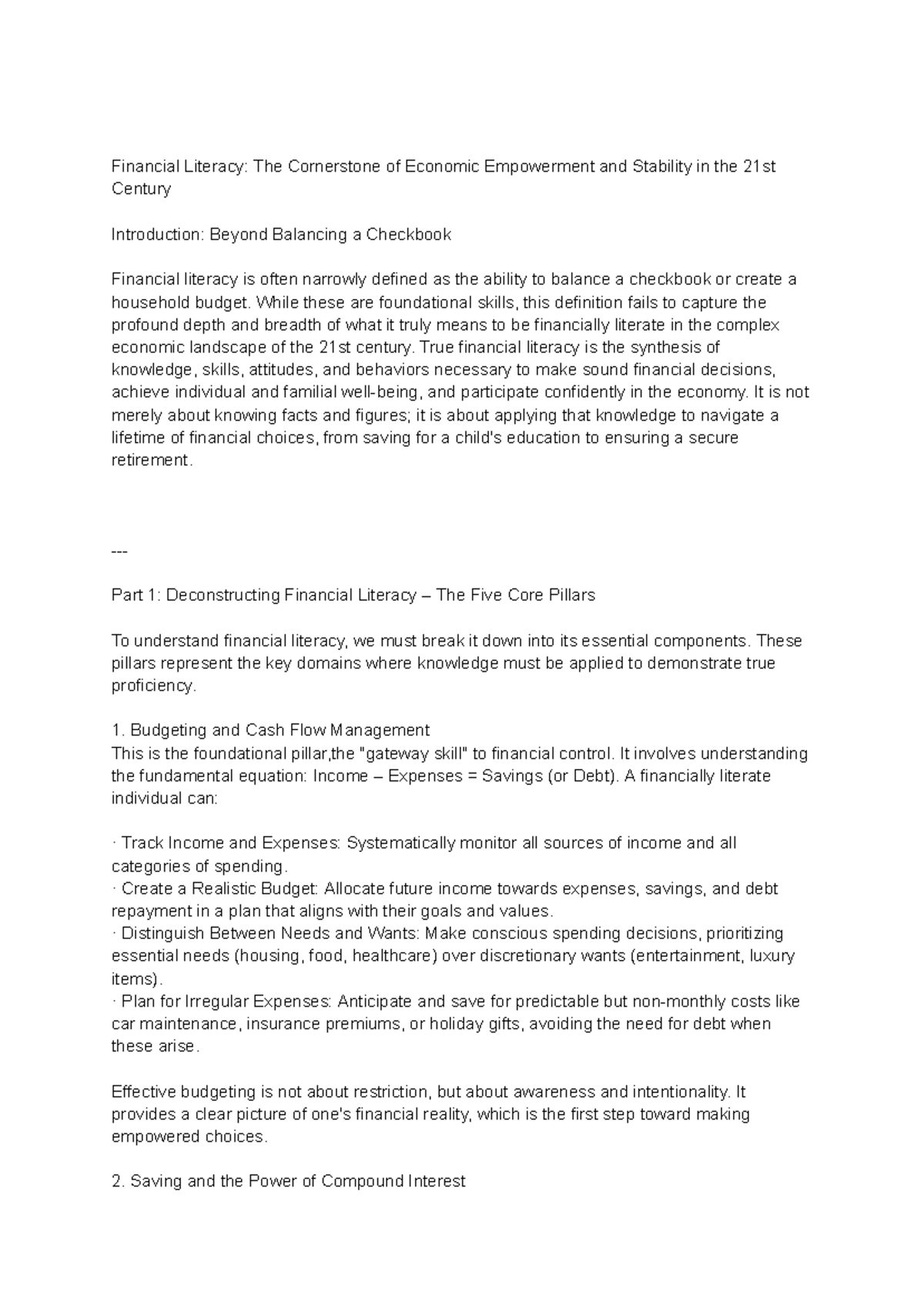 FIN 101: Financial Literacy - Empowering Economic Stability in the 21st ...