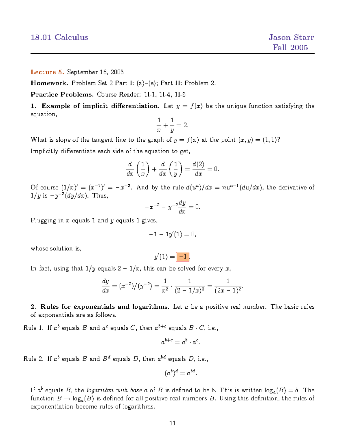 18.01 Calculus Fall 2005 Lecture 5: Implicit Differentiation ...