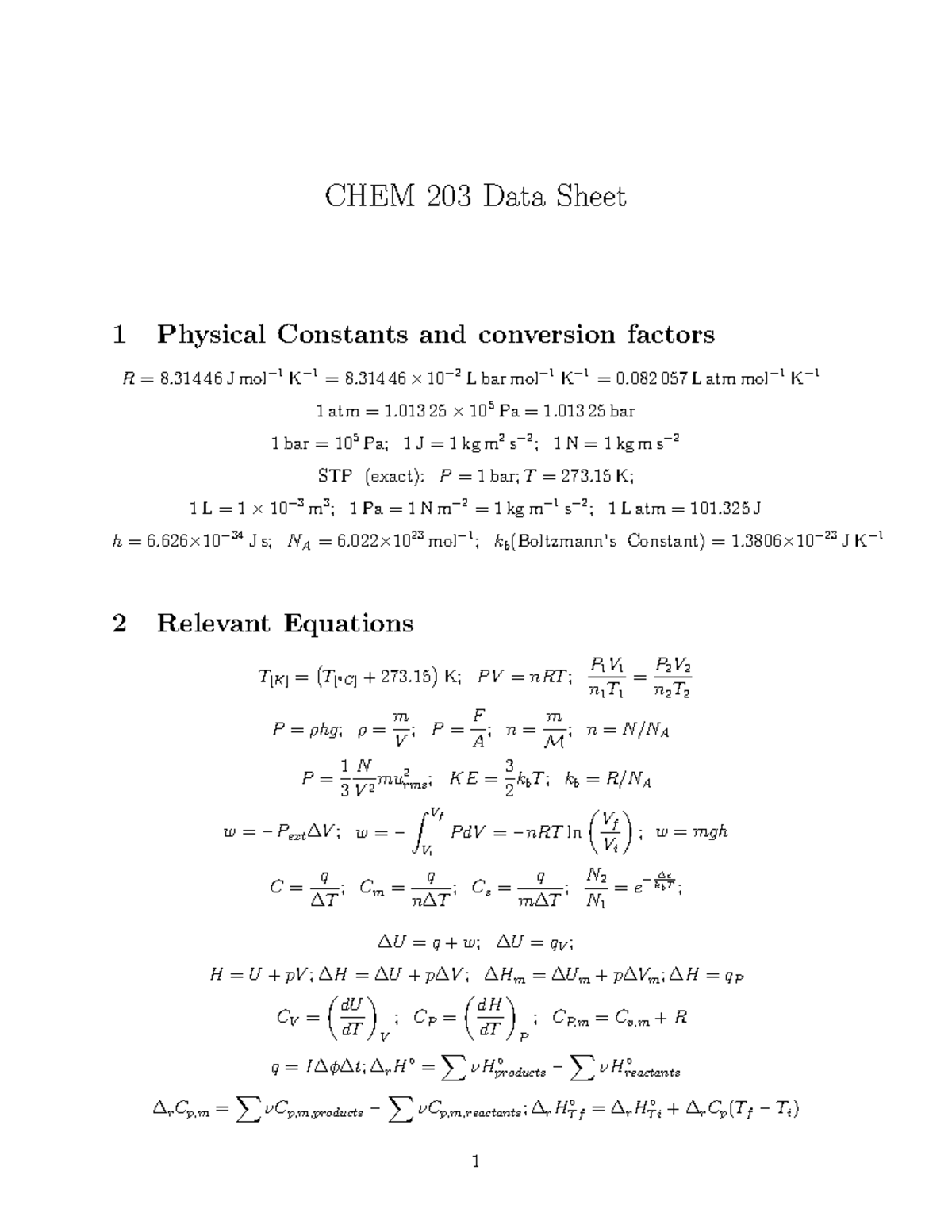 CHEM 203 Data Sheet Updated - CHEM 203 Data Sheet 1 Physical Constants ...