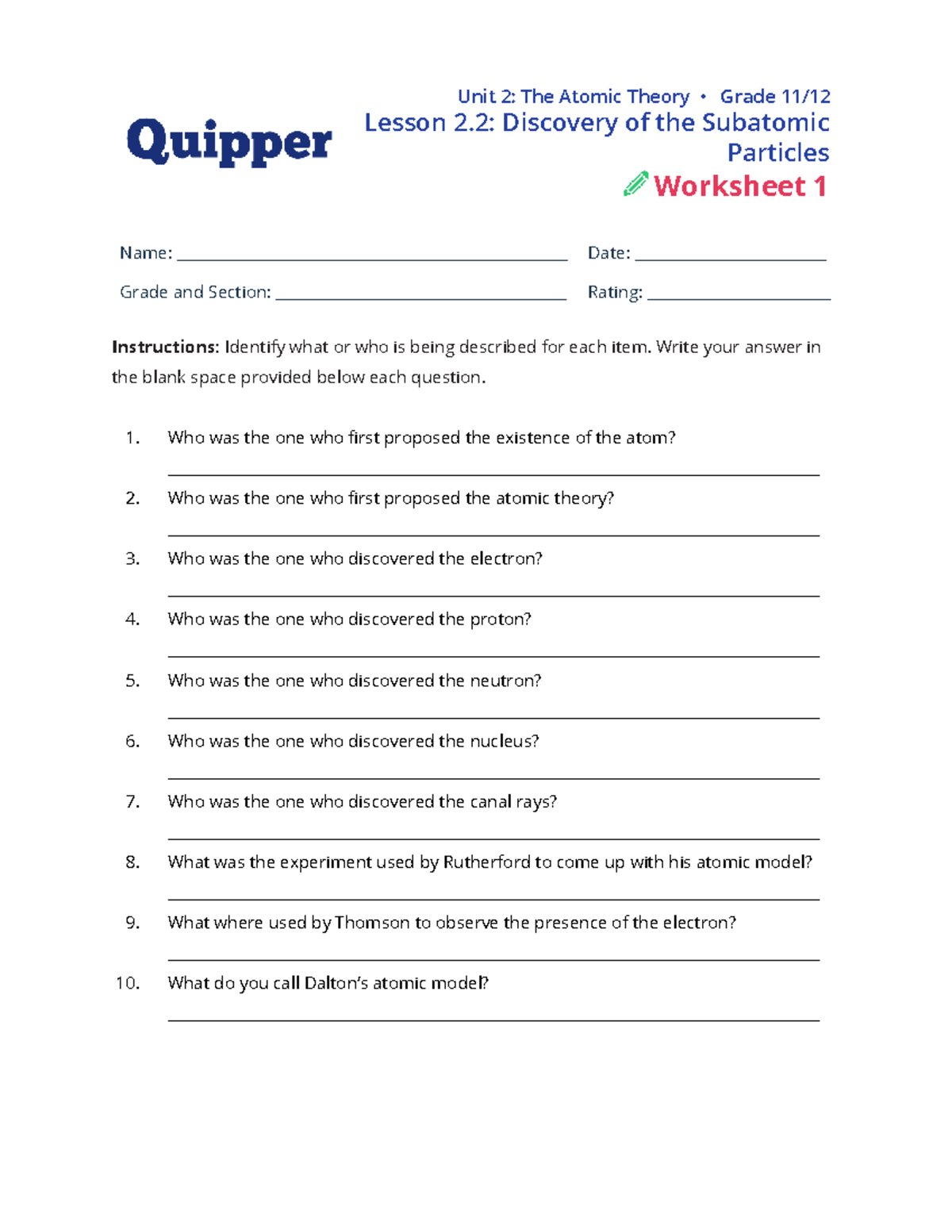 Physical Science SHS 2.2 Unit 2: Atomic Theory Worksheet 1 - Studocu
