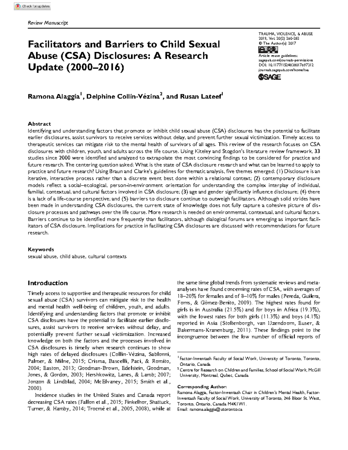 Facilitators and Barriers to Child Sexual Abuse Disclosures: A Research ...