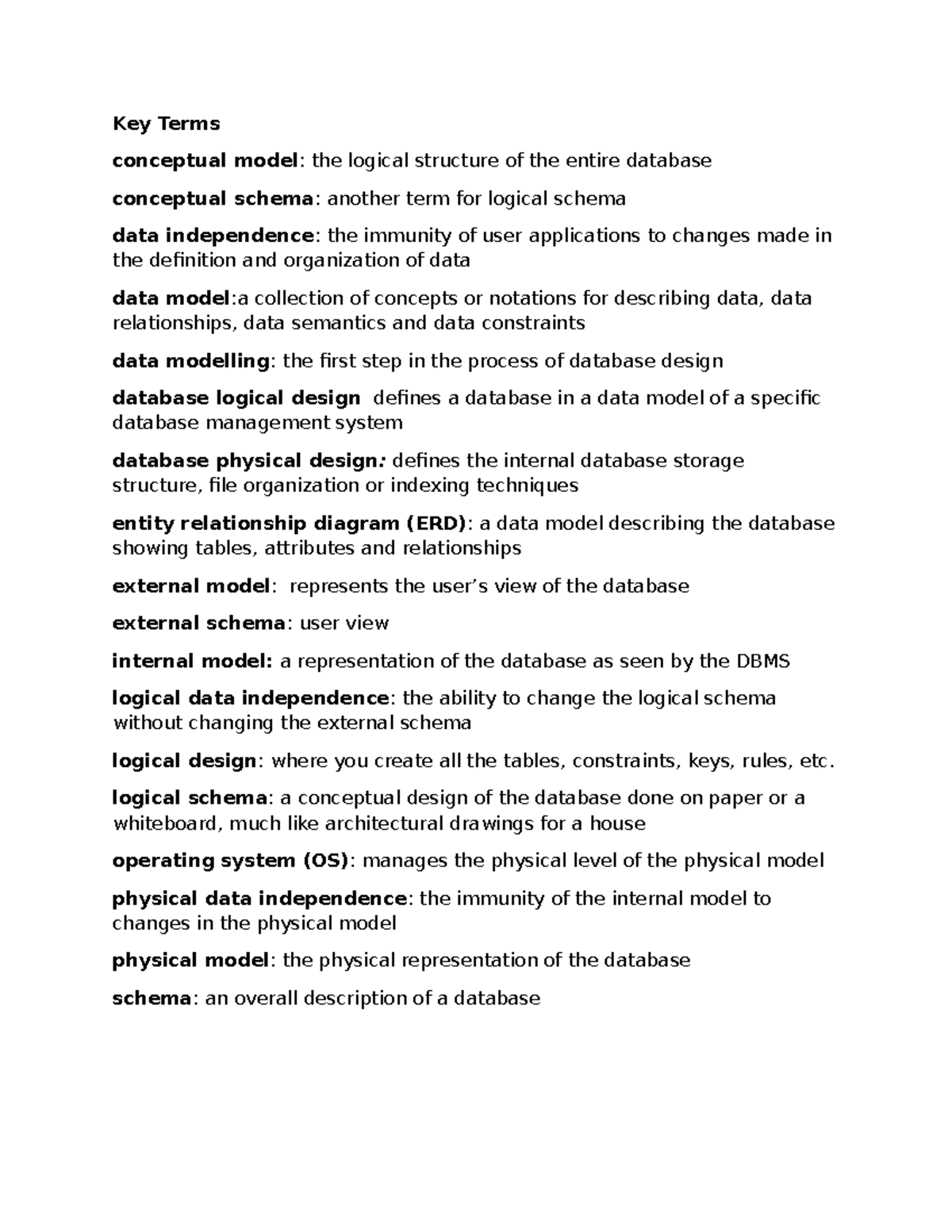 Keyterms - Data - Key Terms conceptual model: the logical structure of ...