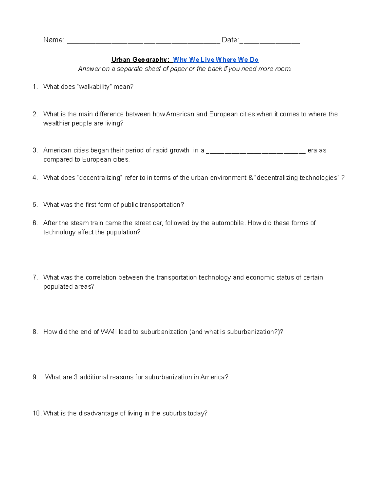 Urban Geography: Why We Live Where We Do - Unit 206 Notes - Studocu
