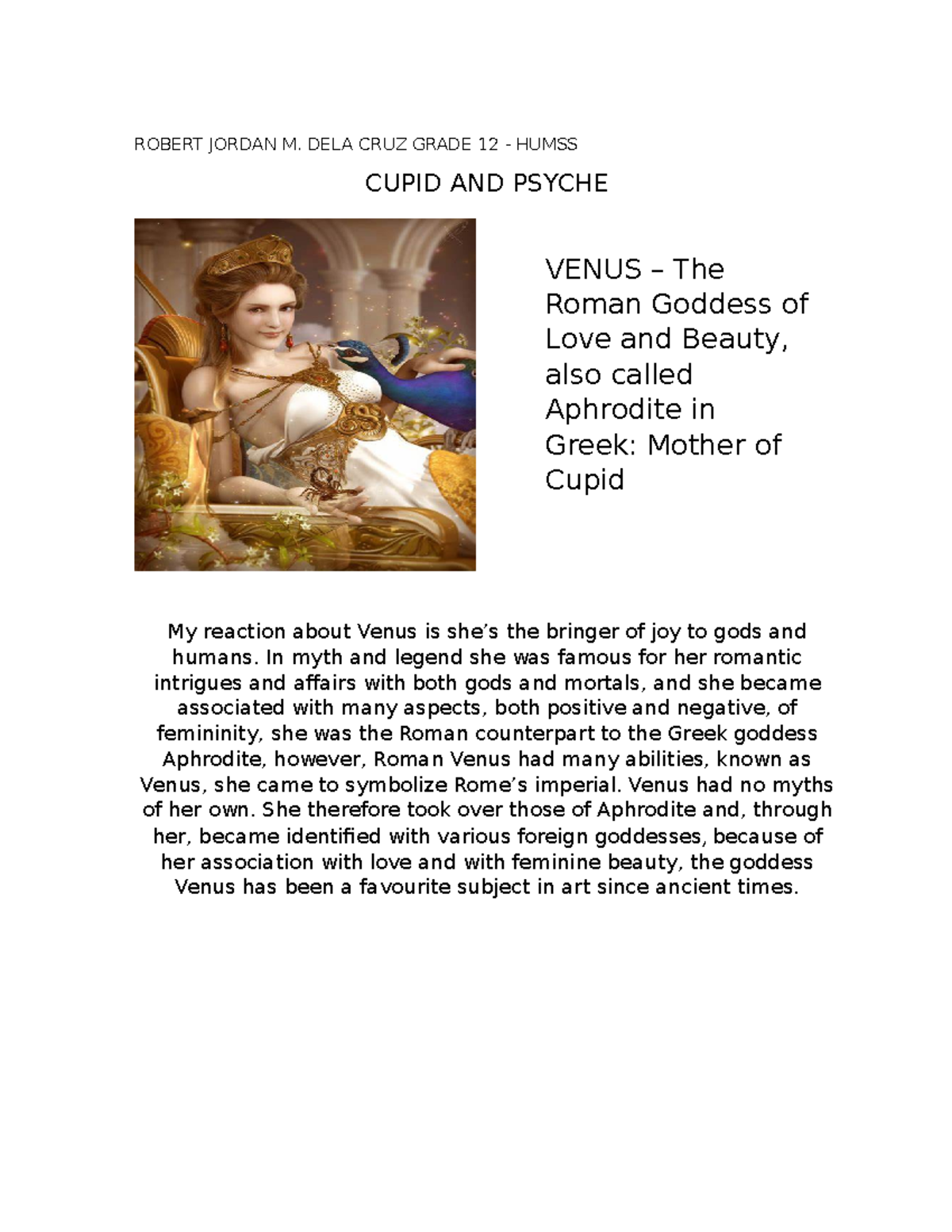 Reaction Paper on "Cupid and Psyche" for Grade 12 - HUMSS - Studocu