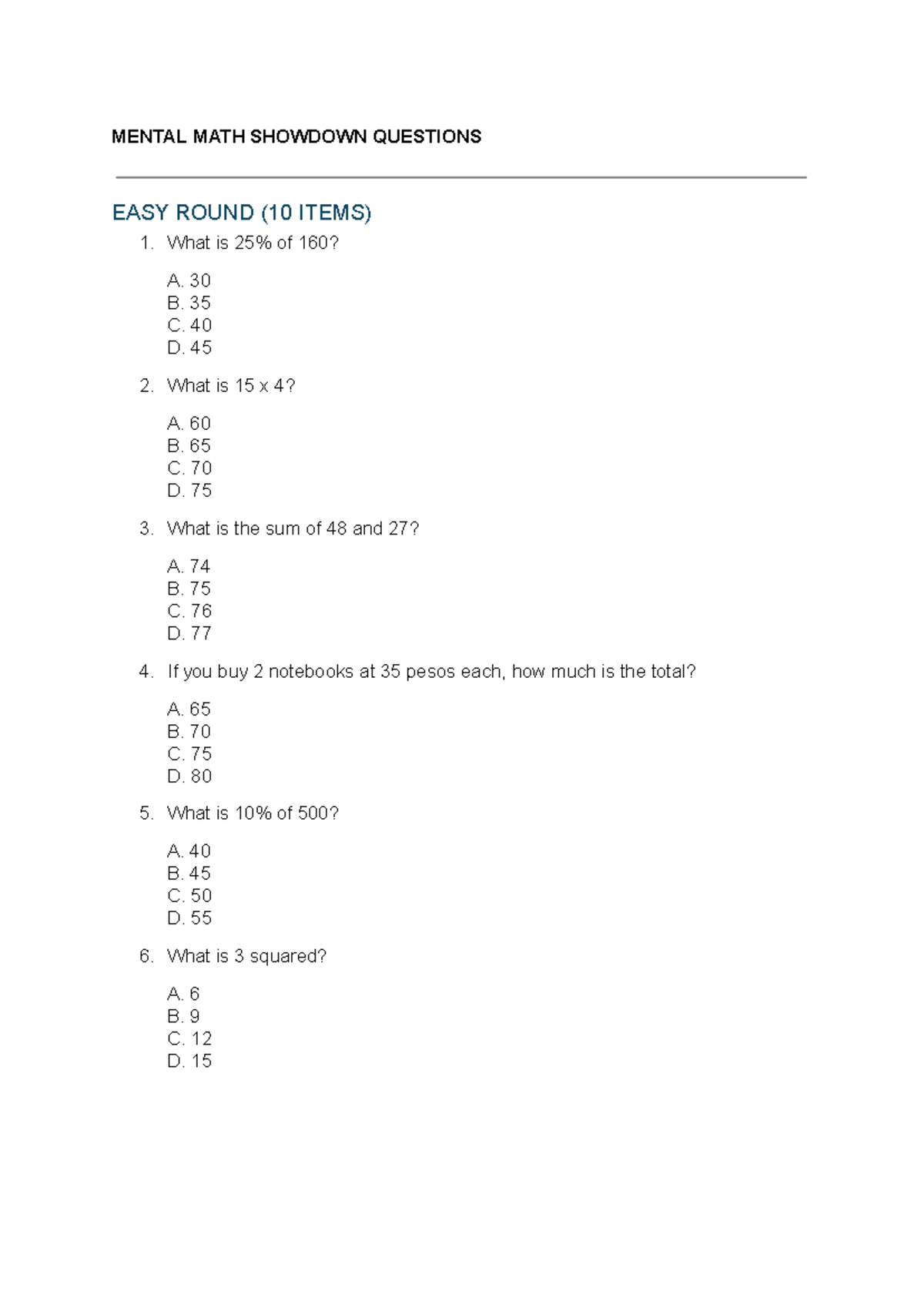 Mental Math Showdown Questions - Easy to Difficult Rounds - Studocu