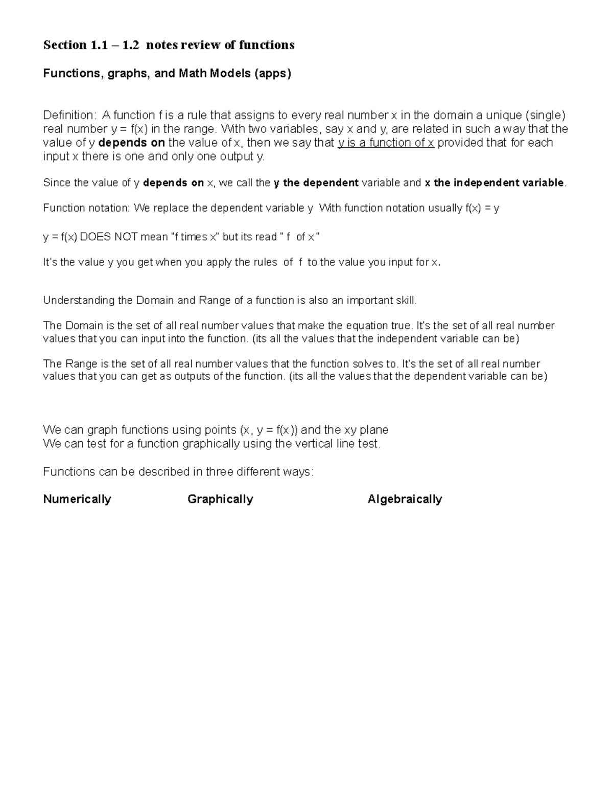 Notes 1.1 and 1 - Functions, graphs, and Math Models (apps) Definition ...