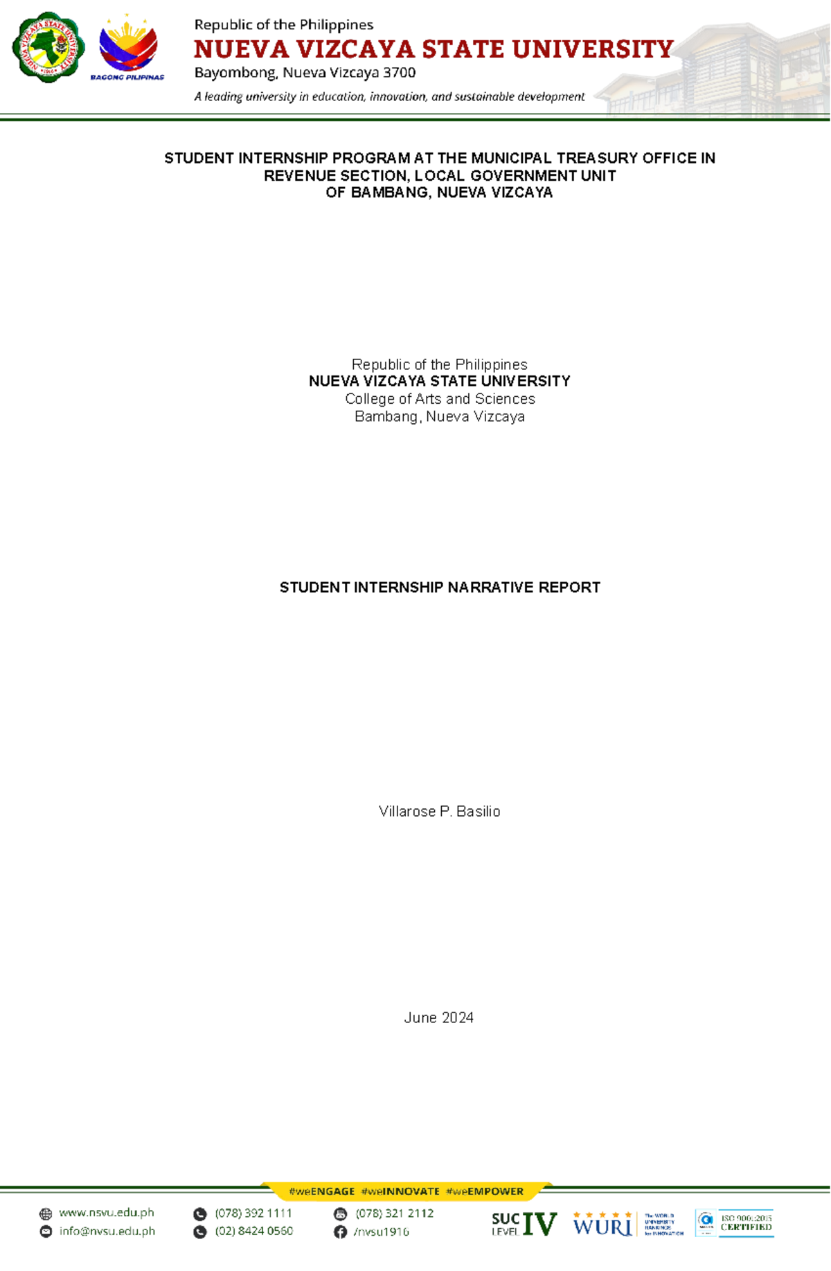 Student Internship Narrative Report: Municipal Treasury Office, B.S ...