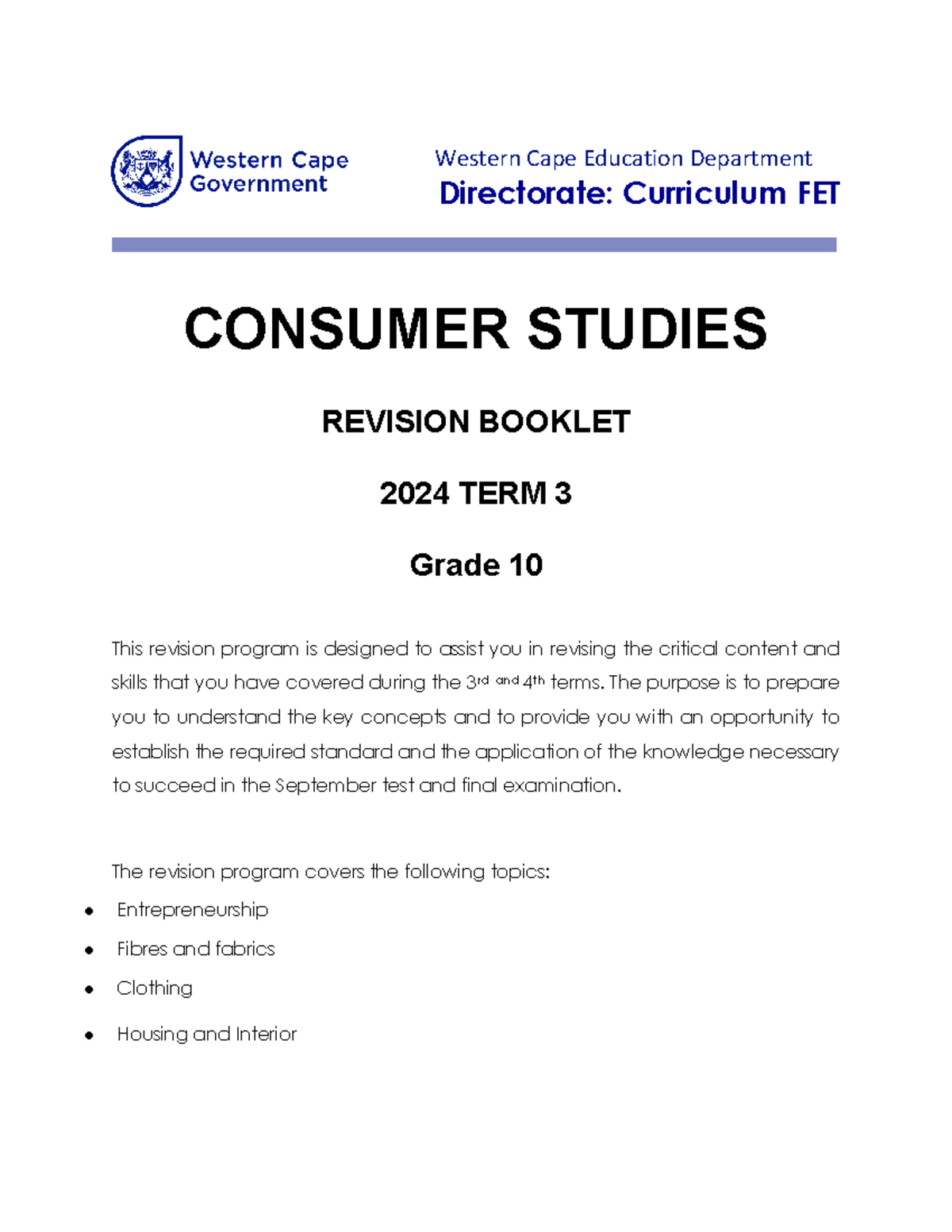 Grade 10 Consumer Studies Term 3 & 4 Revision Guide 2024 - Studocu