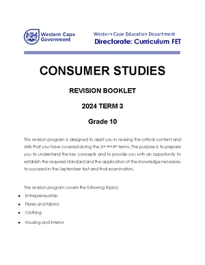 Grade 10 Consumer Studies Term 2 Revision Guide for 2024 - Studocu