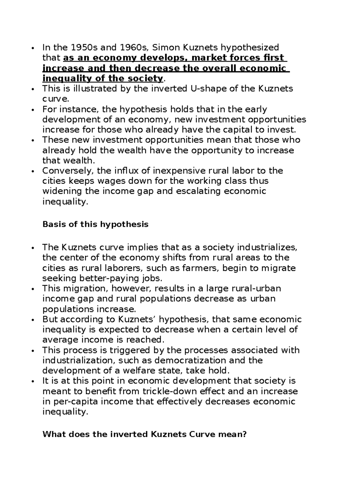 Kuznets Curve Analysis: Economic Inequality in the 1950s-60s - Studocu