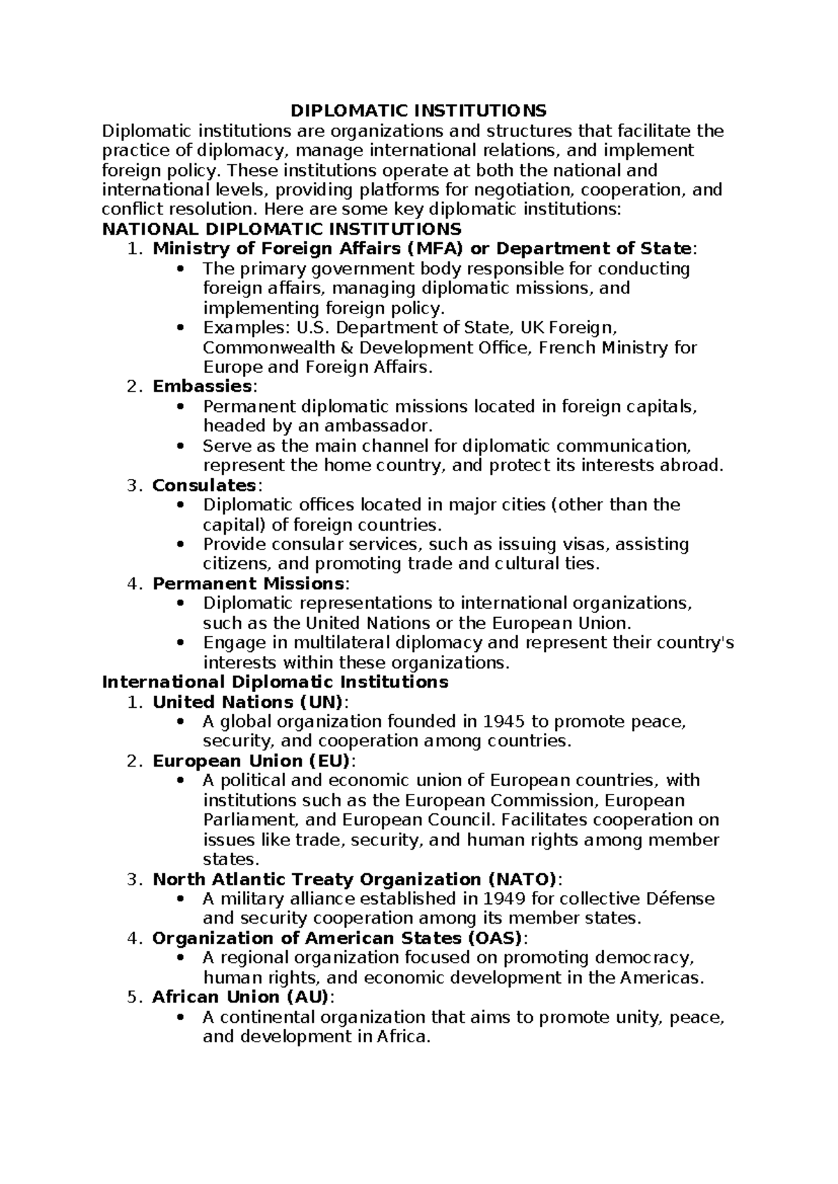 Diplomatic Institutions Overview: Structures, Functions & Roles - Studocu