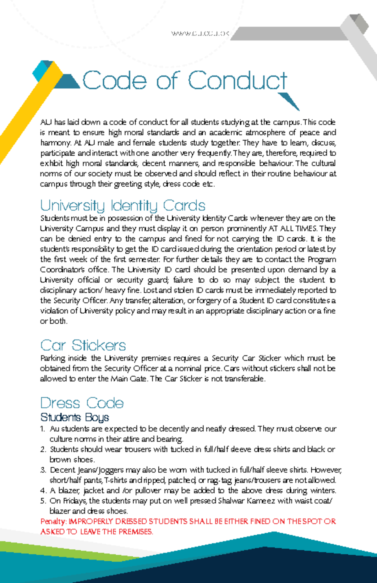 Student Code of Conduct & Dress Code Guidelines - AU Regulations - Studocu