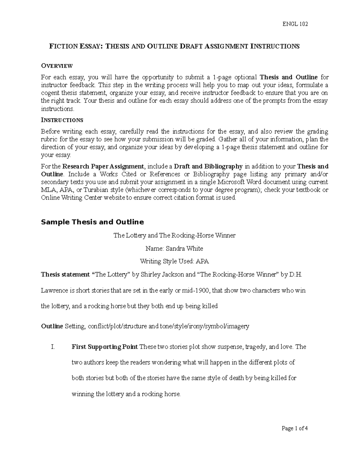 Fiction Essay Thesis and Outline Draft Assignment - FICTION ESSAY ...