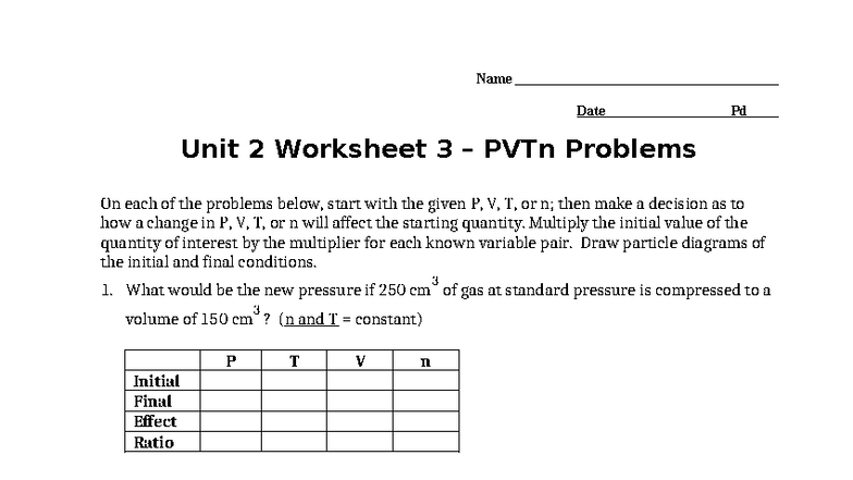Unit 2 Worksheet 3: PVTn Problems and Solutions - Studocu