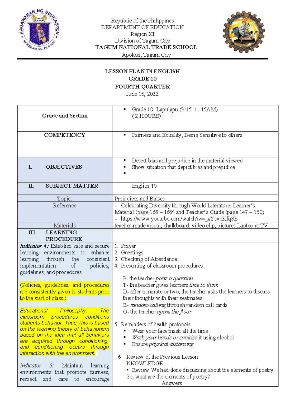 COT 2 Lesson Plan: English 10 - Fairness & Equality in Literature - Studocu