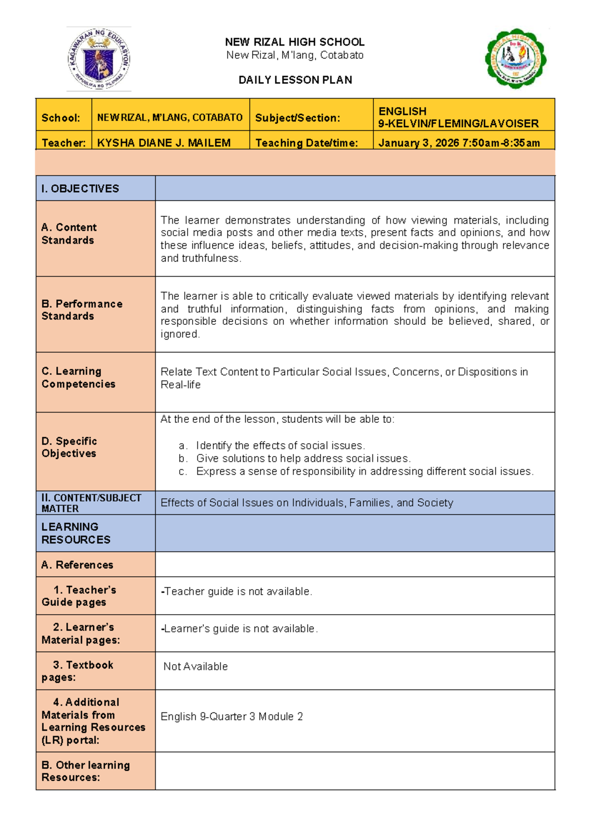 KY-DLP FEB 3 - Daily Lesson Plan on Social Issues - Studocu