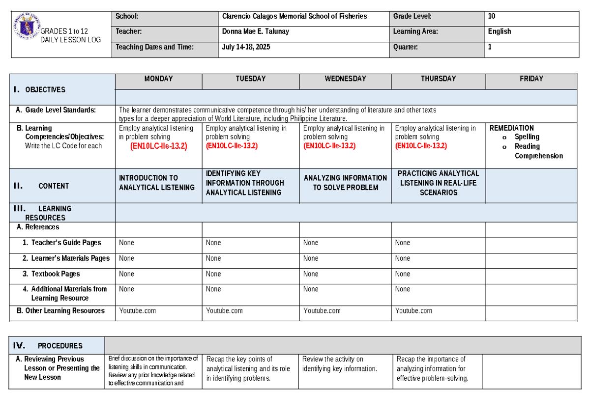Grade 10 English Daily Lesson Log: Analytical Listening Skills - Studocu