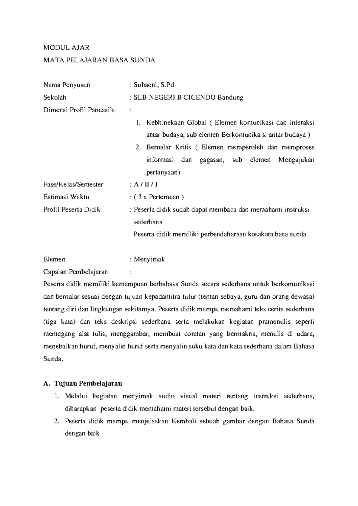 Modul Ajar Pembelajaran Bahasa Sunda - SLB B Cicendo - Studocu