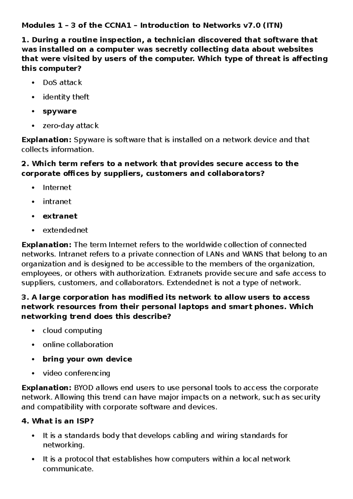 CCNA1 Introduction to Networks v7.0 Modules 1-3 Exam Review - Studocu