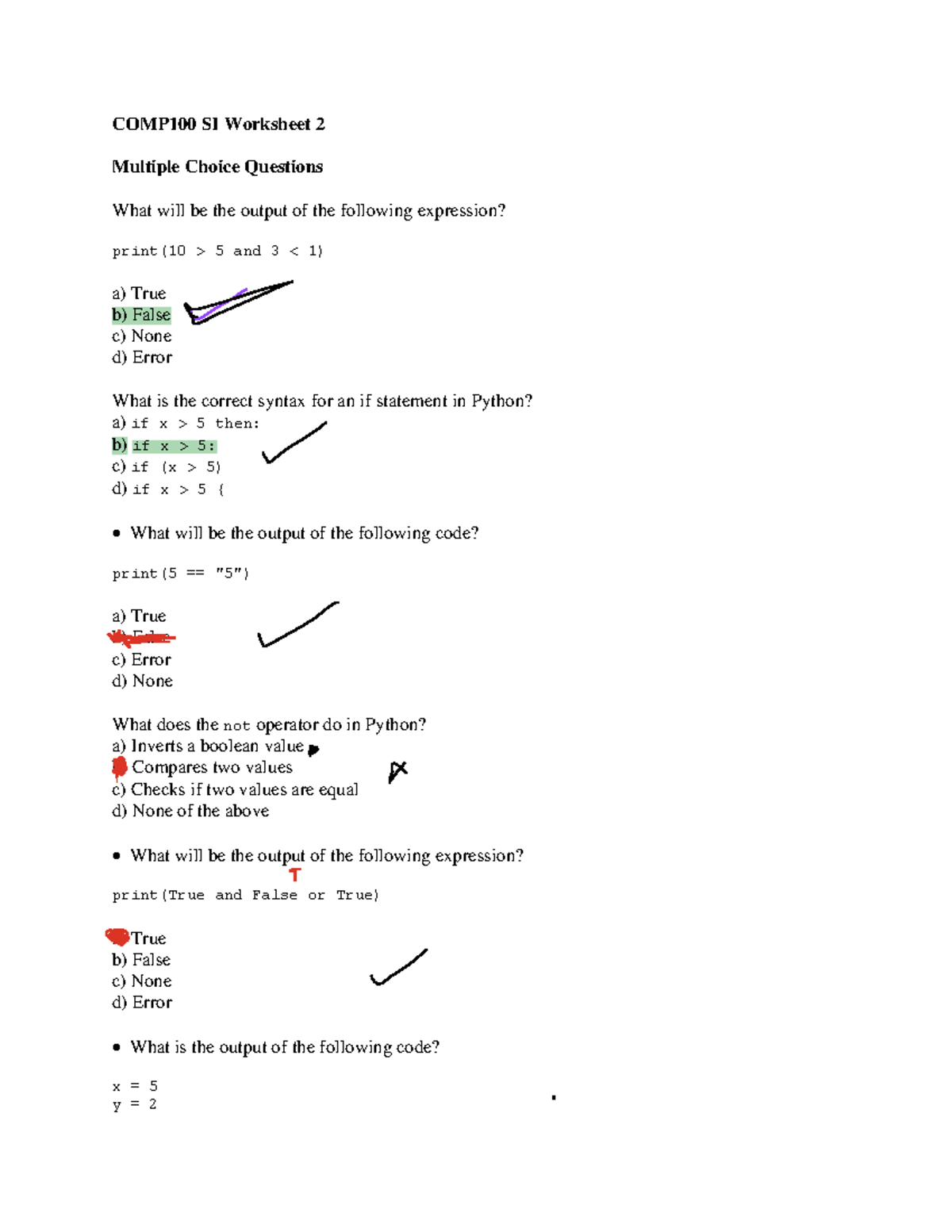 COMP100 SI Worksheet 2 - Python Output Questions & Practice - Studocu