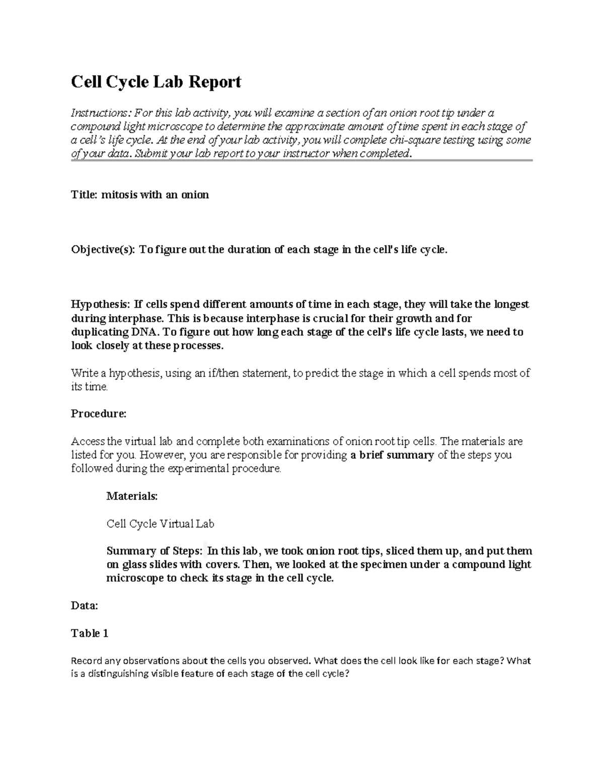 04 05 cell cycle lab report - Cell Cycle Lab Report Instructions: For ...