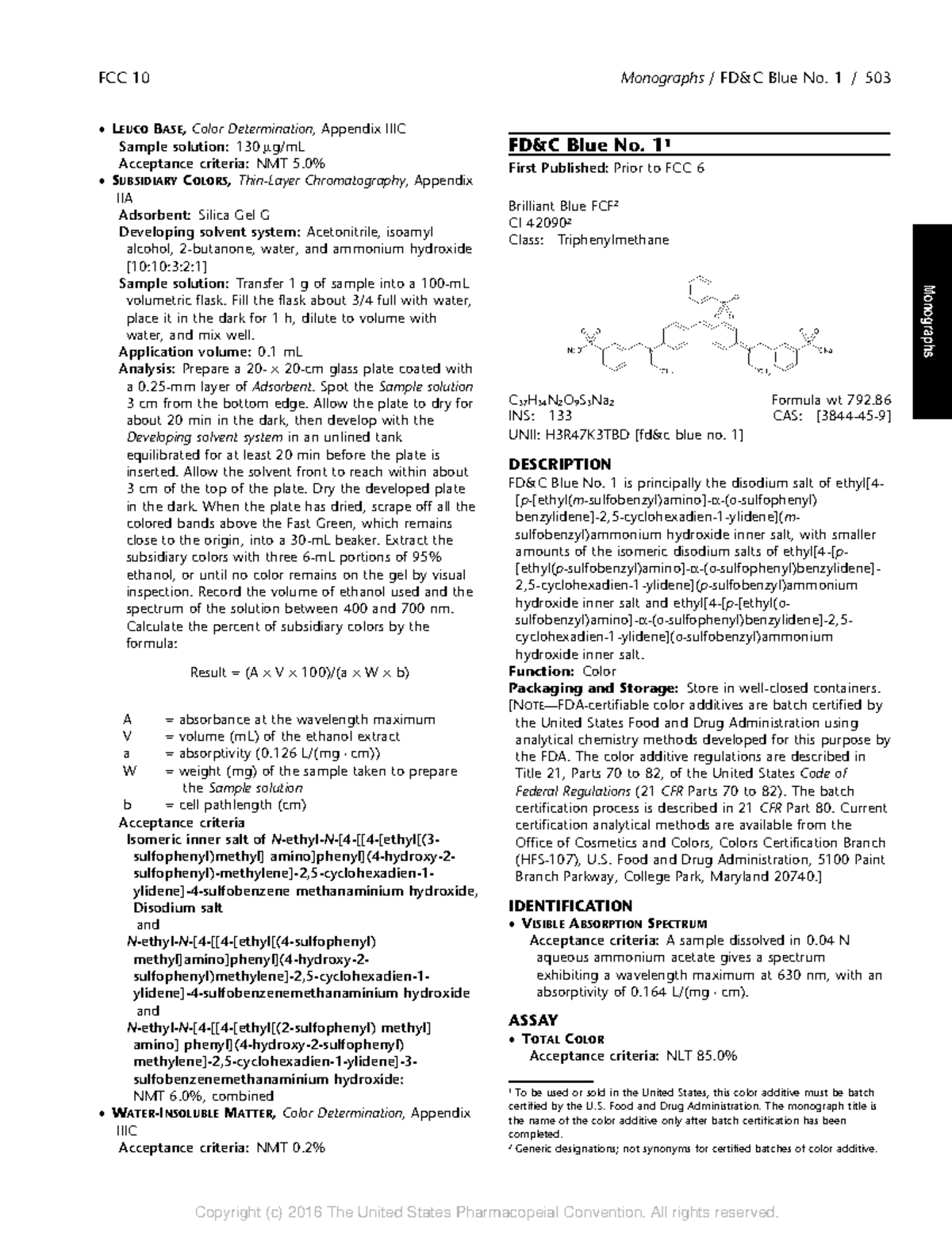 Brilliant Blue FCF No.1 - FCC 10 Monographs / FD&C Blue No. 1 / 503 ...