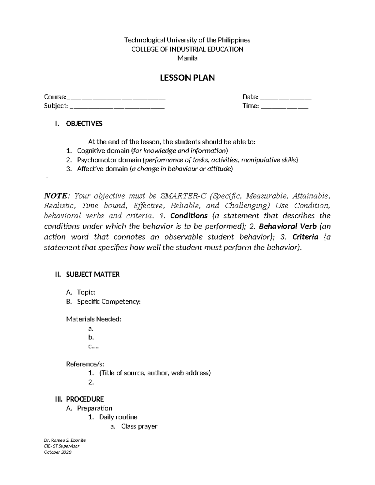 TUP-CIE Lesson Plan Format: Objectives & Procedures Guide - Studocu