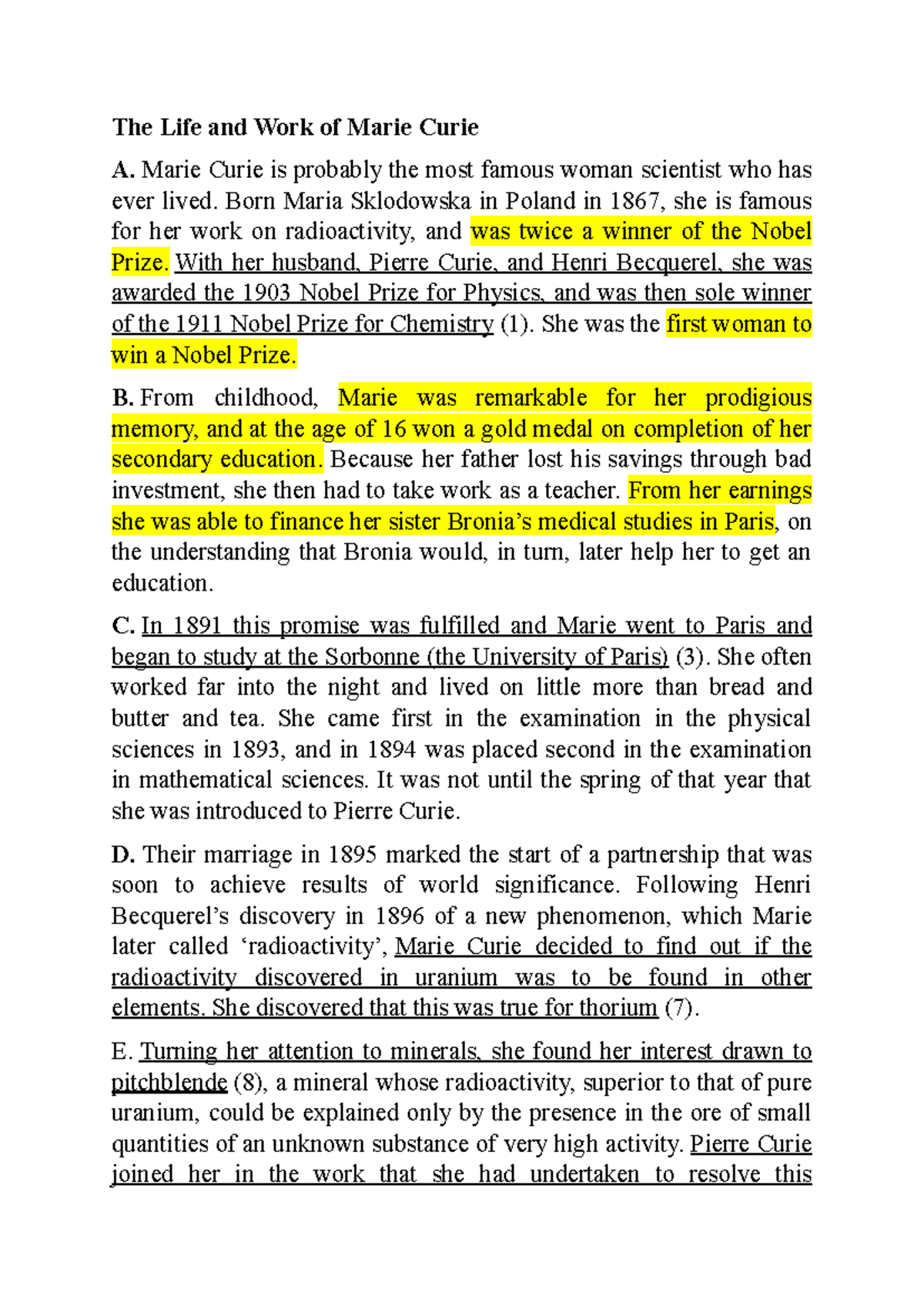 The Life and Work of Marie Curie: A Comprehensive Study Guide - Studocu