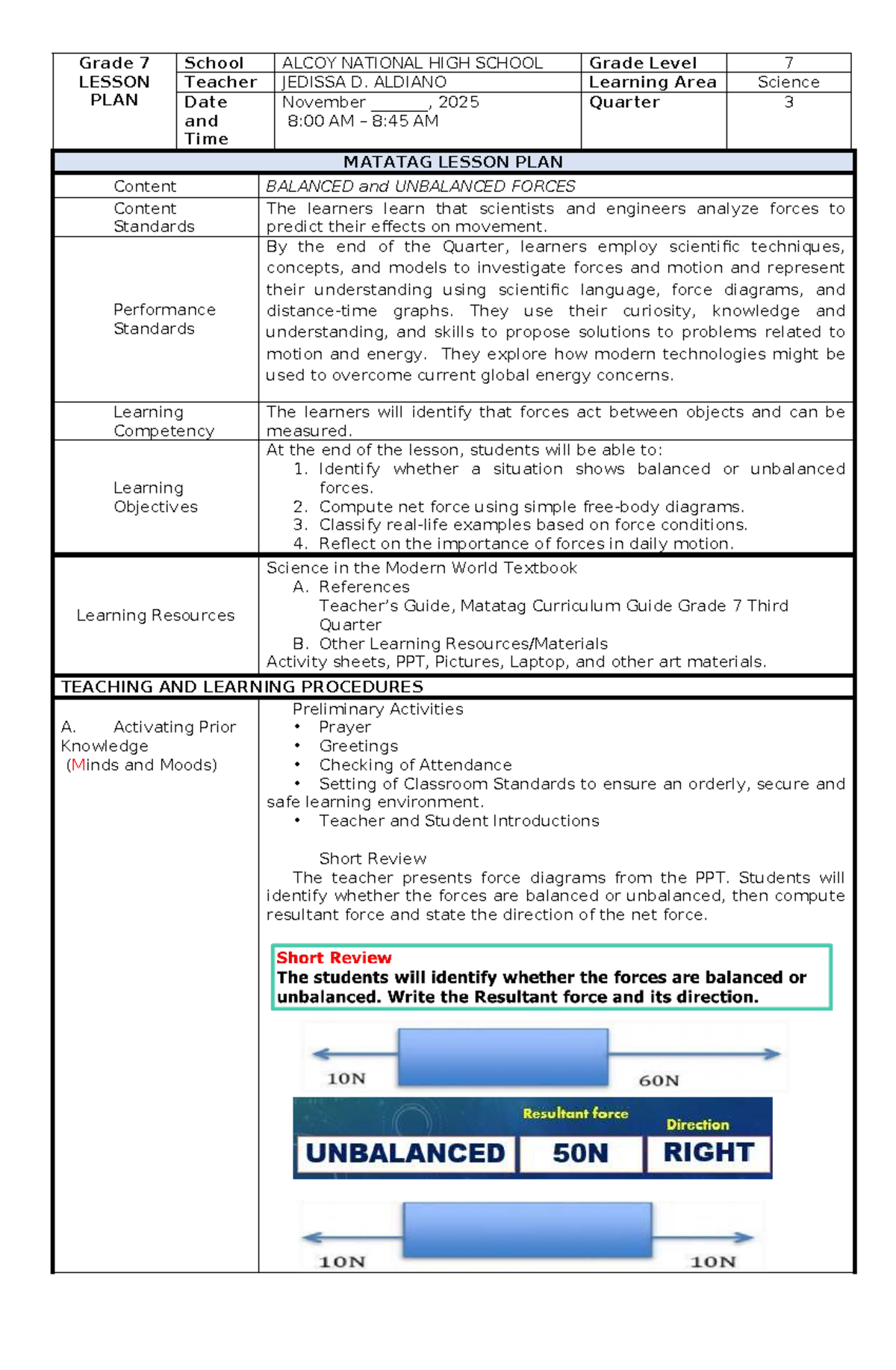 Grade 7 Q3 DLP: Lesson Plan on Balanced & Unbalanced Forces - Studocu