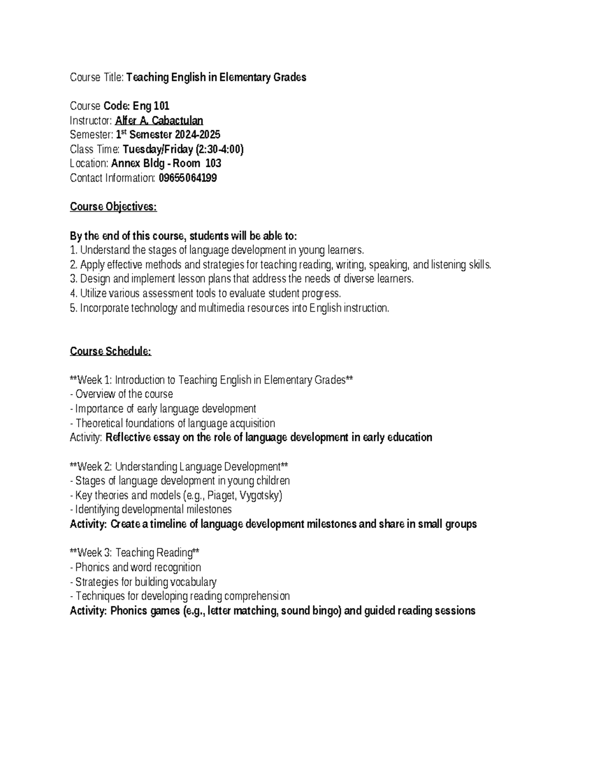 Prep Activities - English 101 - Course Title: Teaching English in ...