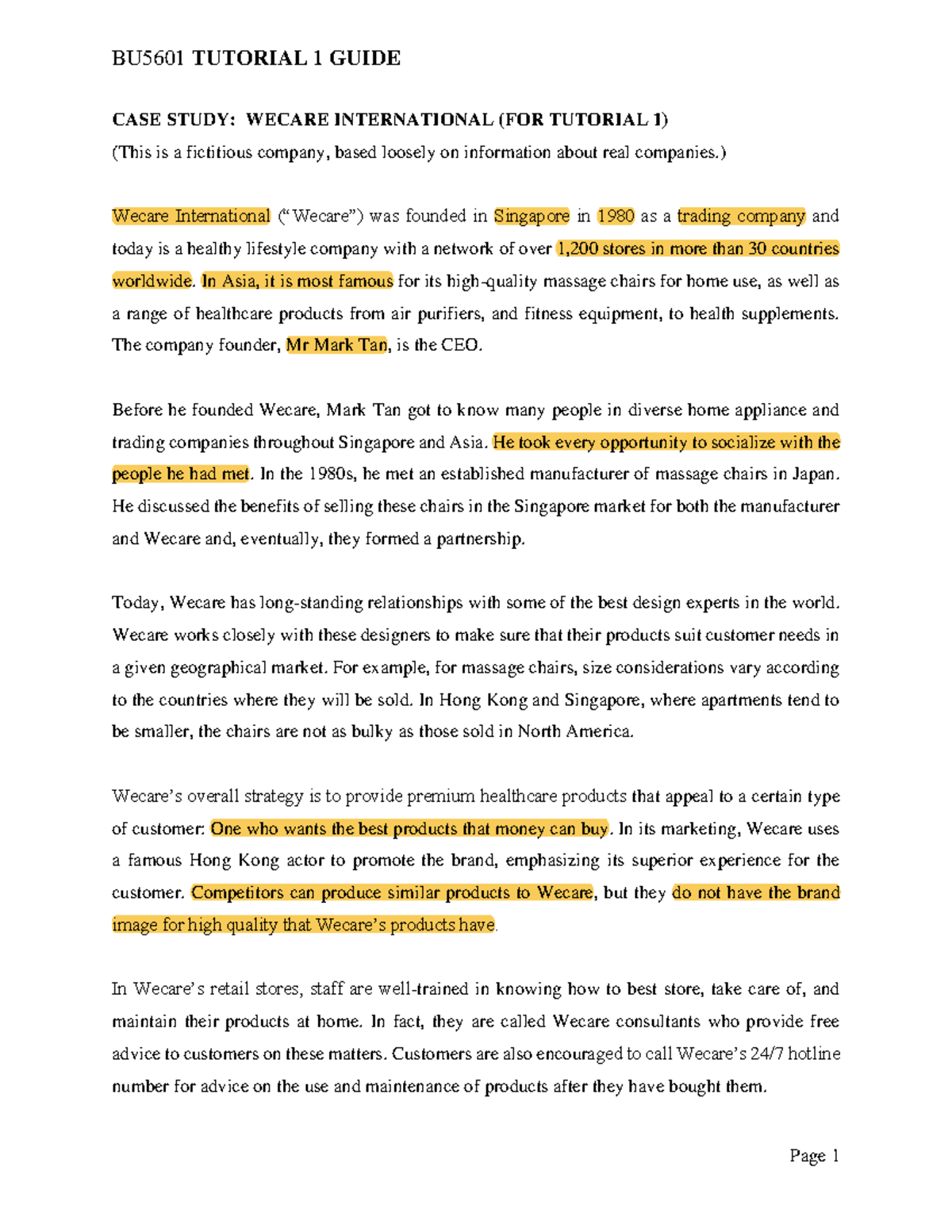 BU5601 TUTORIAL 1 CASE STUDY: WECARE INTERNATIONAL OVERVIEW - Studocu