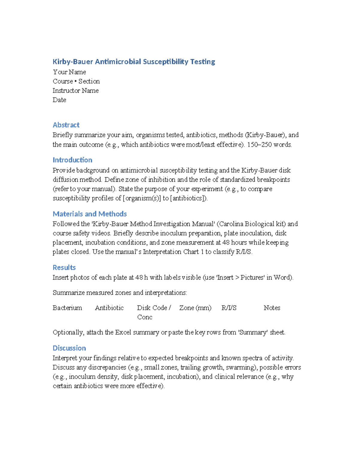 Kirby-Bauer Lab Report: Antimicrobial Susceptibility Testing - Studocu